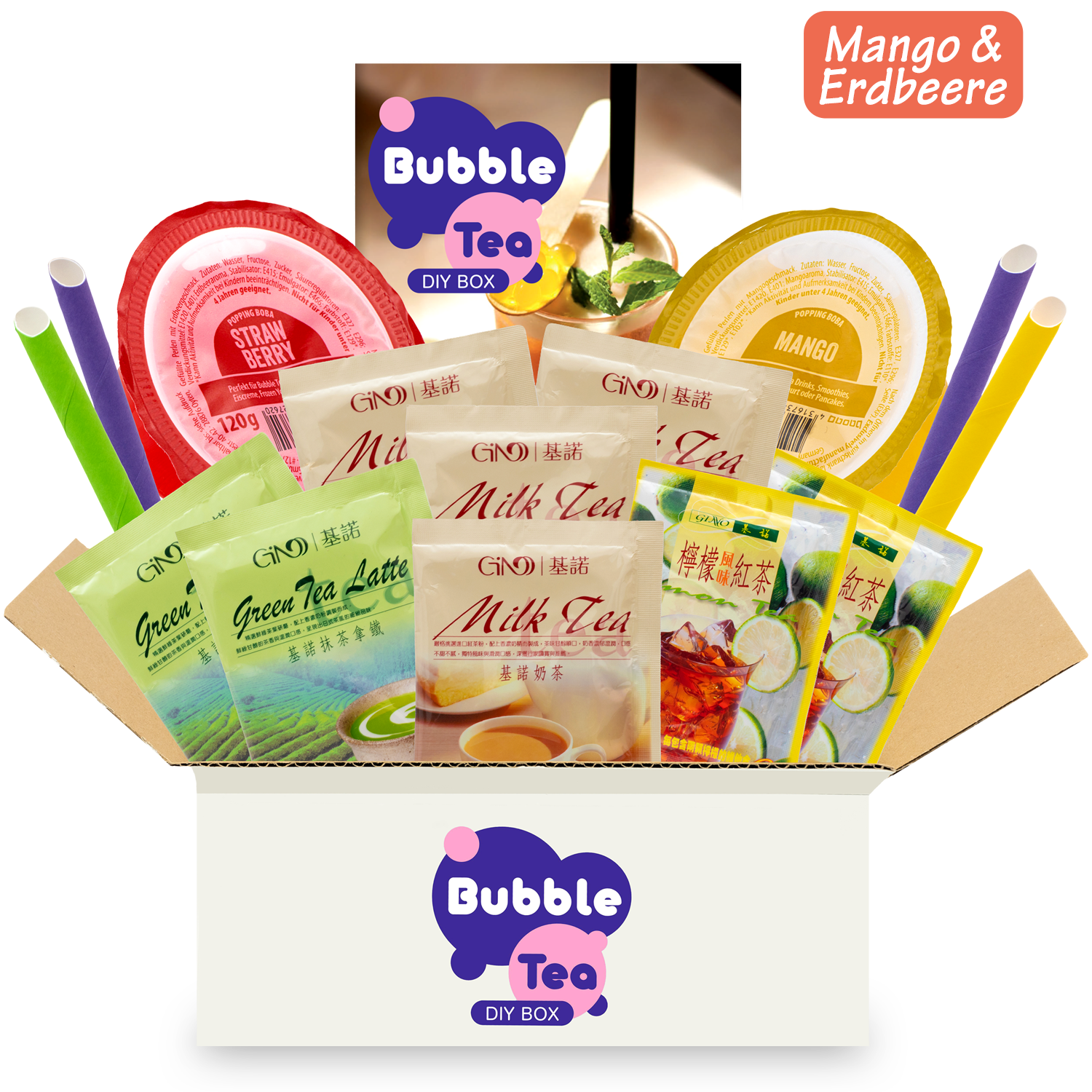 Bubble Tea DIY Box with Popping Boba: Boba Tea Starter Kit for 4 Drink